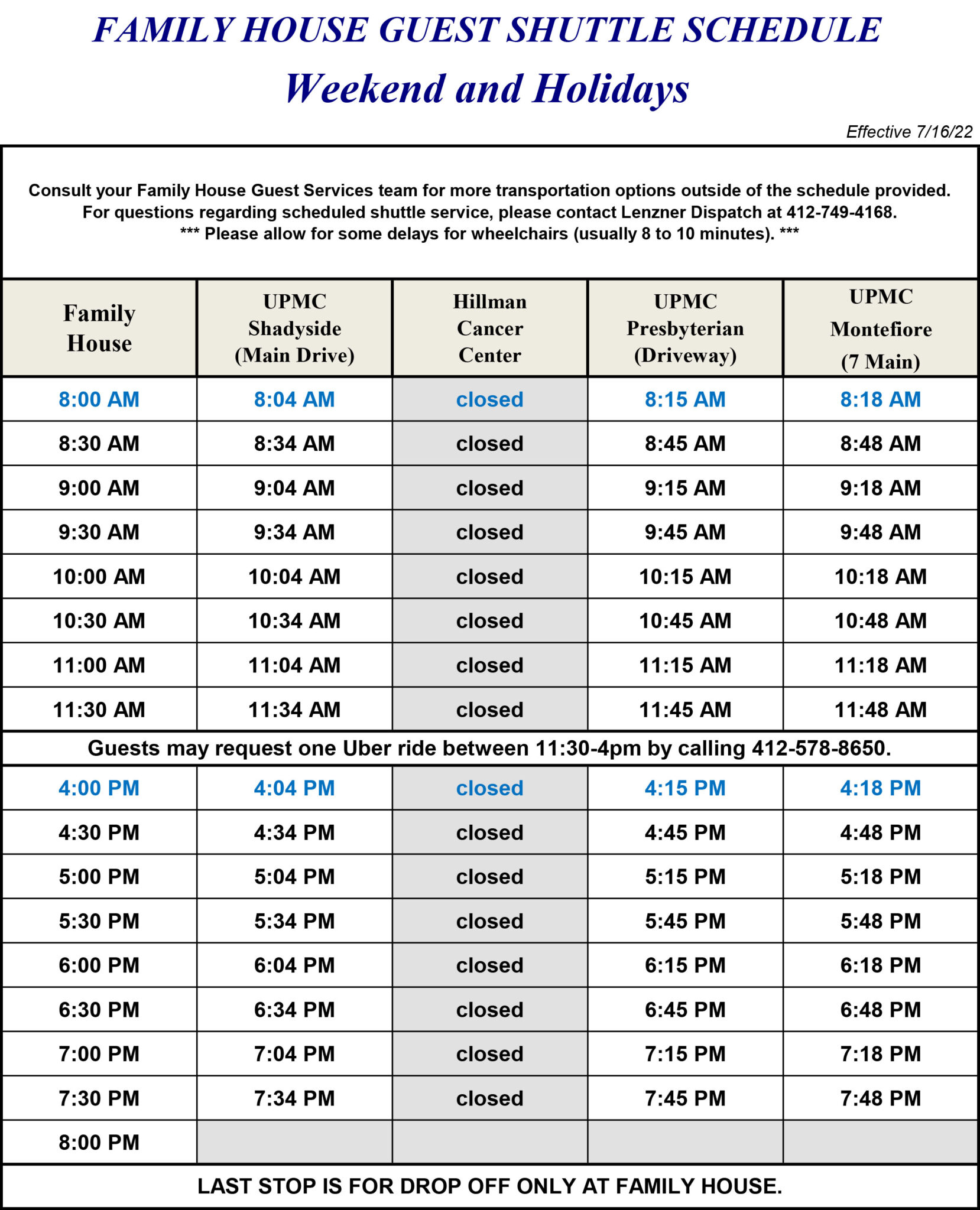 Shuttle Schedule – Family House